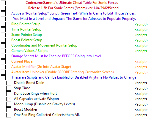 CnG's Ultimate Cheat Table for Sonic Forces 1.5b